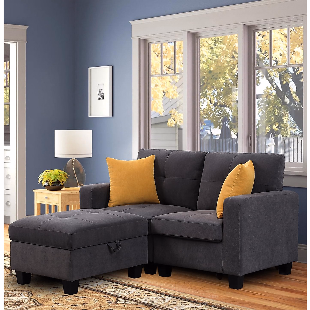 asunflower Small Chaise Couch Loveseat Sofa with Storage Ottoman Velvet L Shape Small Sofa Couch for Bedroom,Office, 2 Seater Couch for Small Room