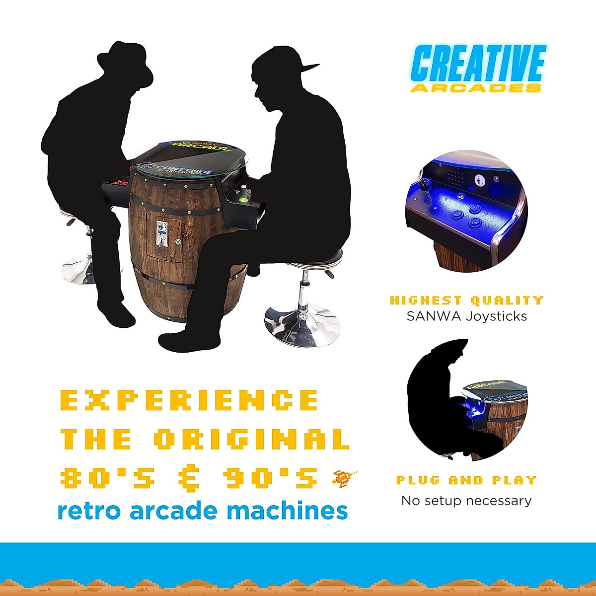 Creative Arcades Full Size Commercial Grade Wine Barrel Style Pub Arcade Machine | 2 Player | 412 Games | 19" LCD Screen | Round Glass Top | 2 Sanwa Joysticks | 2 Stools Included | 3 Year Warranty