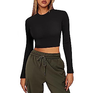 Trendy Queen Long Sleeve Shirt Women Ribbed Basic Cute Cropped Tight Slim Fitted Shirts Fall Fashion Y2k Crop Tops Teen Girls 2023 Trendy Black