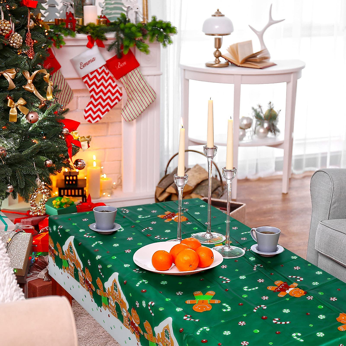 4 Pcs Christmas Tablecloth Disposable Plastic Rectangle Xmas Picnic Table Cover Christmas Pattern Printed Dining Table Cloth for Xmas Kitchen Decorations Holiday Party (Bright Style, 51.2 x 86.6 Inch)