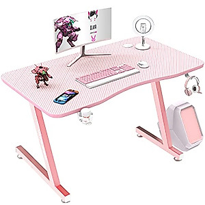 Vitesse 40 Inch Pink Gaming Desk,Pink desk,Pink Gaming Table,Cute Kawaii Computer Desk Z Shaped Girl Gamer Desk Workstation Home Office Desk with Carbon Fiber Surface and Headphone Hook (Z Shape Leg)