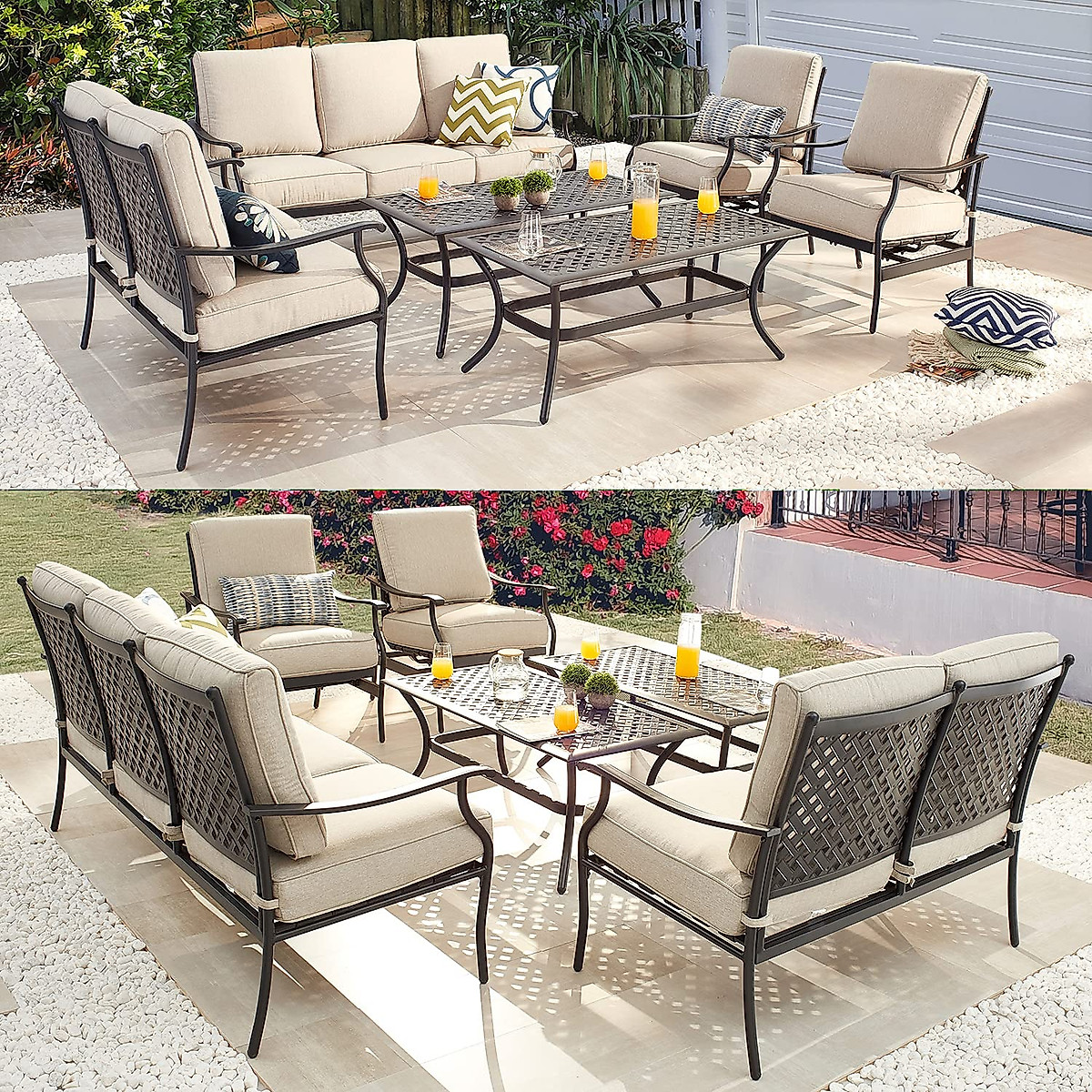 PatioFestival Patio Conversation Set 6 Pieces Metal Outdoor Furniture Seating Sets with Beige Thick Cushions, Rocking Chairs & Coffee Table & Loveseat