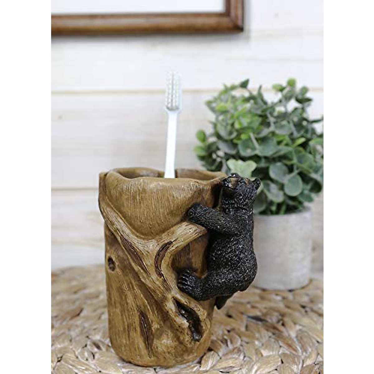 Ebros Rustic Black Bears Climbing Logs Woodlands Forest Bathroom Accent Set of 4 Bar Soap Dish Liquid Soap Pump Bottle Tumbler Cup Toothbrush Holder Western Country Cabin Lodge Decorative Figurines