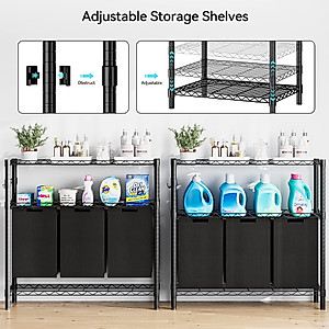 Laundry Sorters 3 Section with 3 X 45L Laundry Bags, 2 Tier Adjustable Metal Storage Shelf, Pull-Out & Removable Oxford Fabric Laundry Baskets, Black