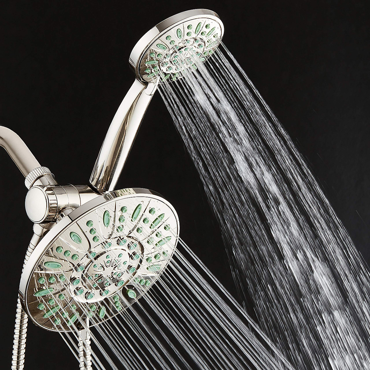 AquaDance Antimicrobial/Anti-Clog High-Pressure 30-setting Rainfall Shower Combo, Microban Nozzle Protection from Growth of Mold, Mildew & Bacteria, Brushed Nickel Finish/Coral Green Jets