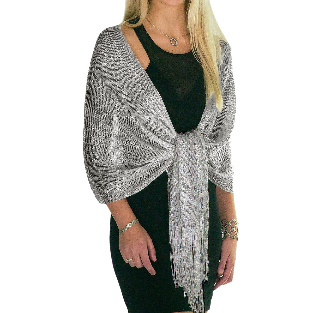 ShineGlitz Shawls and Wraps for Evening Dresses, Metallic Glitter Shawls for Women, Sparkling Wedding Metallic Silver Shawl Gift