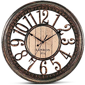 Bernhard Products Large Wall Clock 16 Inch Non Ticking Battery Operated Brown Rustic Farmhouse Vintage Design Stylish Decorative Clocks for Home/Office/Kitchen/Living Room/Bedroom