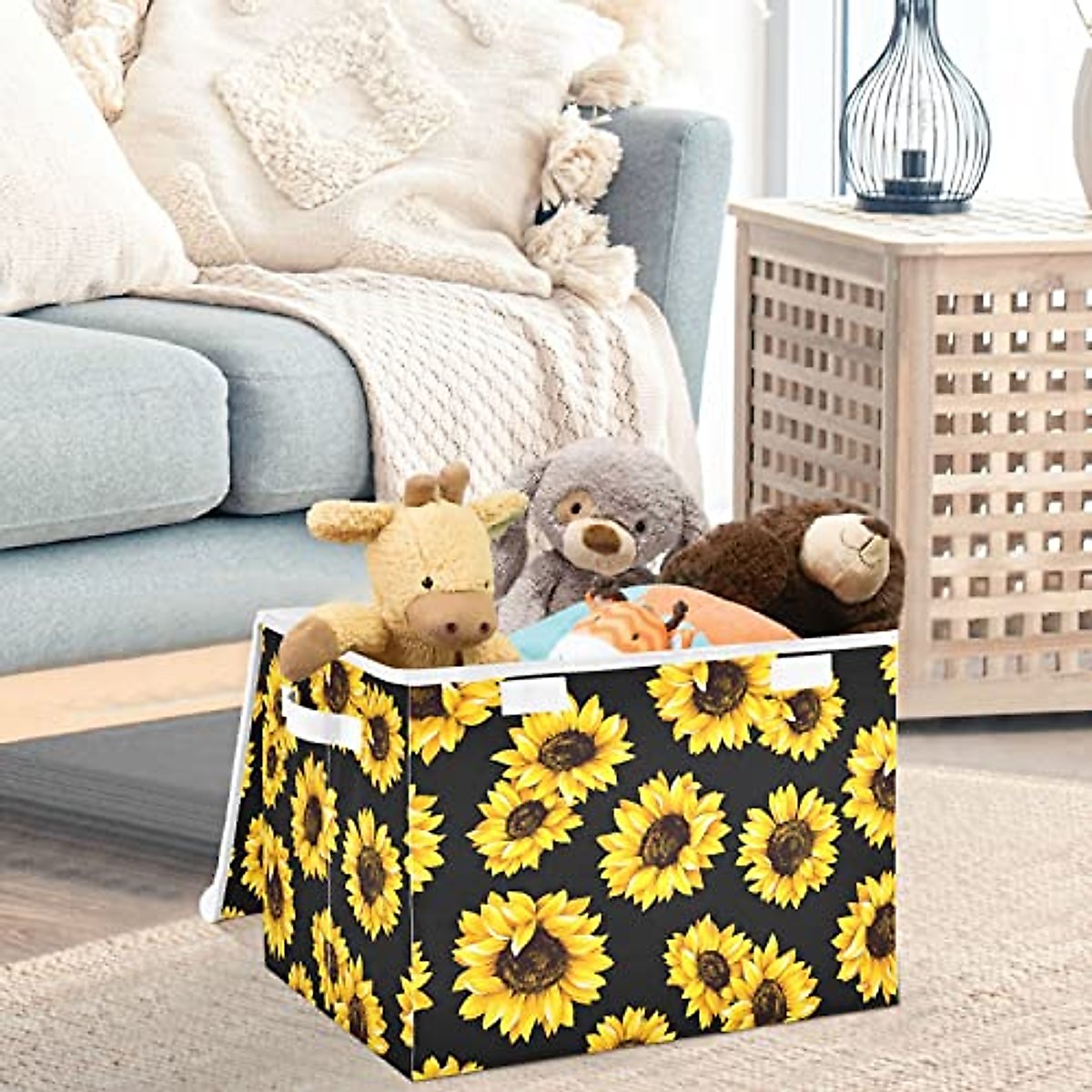 CaTaKu Sunflower Black Storage Bins with Lids Fabric Large Storage Container Cube Basket with Handle Decorative Storage Boxes for Organizing Clothes Shelves