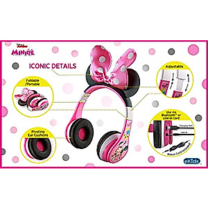 eKids Minnie Mouse Kids Bluetooth Headphones, Wireless Headphones with Microphone Includes Aux Cord, Volume Reduced Kids Foldable Headphones for School, Home, or Travel, Pink