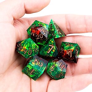 DND Dice Sharp Edge Dice Polyhedral Dice Mini Planet Dice Dungeons and Dragons Dice Handmade Dice Set Peachy Galaxy (Jungle FIRE)