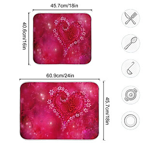 Valentines Day Love Heart Dish Drying Mat, Absorbent Drying Pad Dish Mat Large Kitchen Mat, 16" x 18"