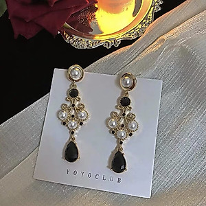 Black Vintage Pearl Earrings Black Earrings for Women Pearl Drop Earrings Teardrop Chandelier Long Dangle Earrings Baroque Earrings Bohemian Earrings (Black)