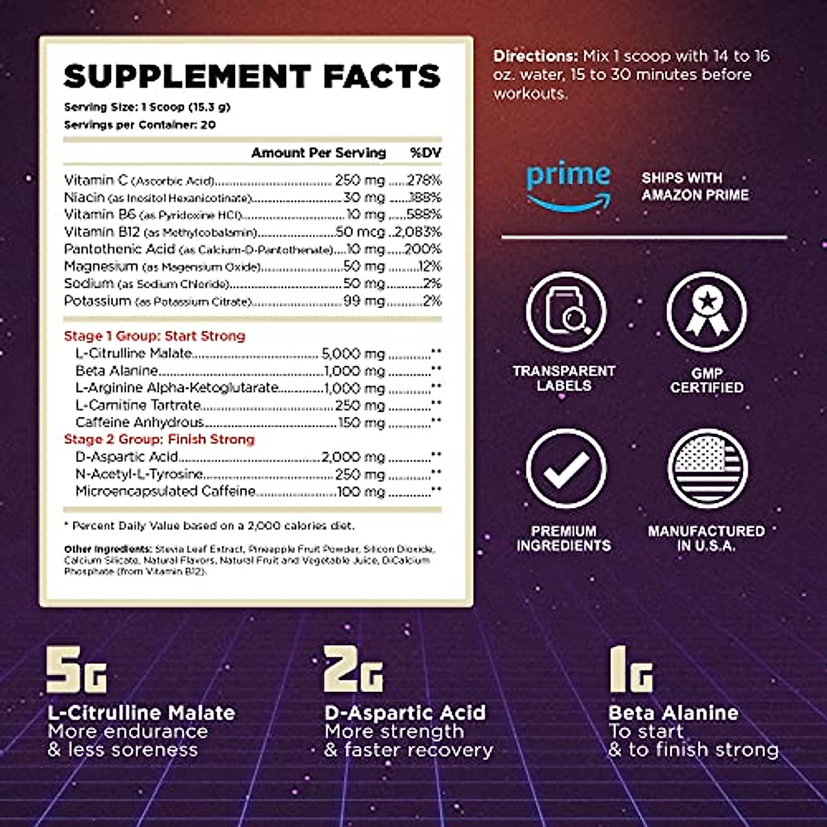 Vintage Blast Pre-Workout – Two-Stage Pre Workout Energy Supplement – Muscle Endurance, Pumps & Focus – Nitric Oxide Booster + Controlled-Release Caffeine + Aminos – Sugar-Free & Natural – 306g