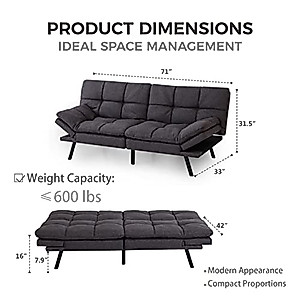Futon Sofa Bed, Lounge Memory Foam Sleeper Couch, Foldable Couch Convertible Loveseat Sleeper Daybed with Adjustable Armrests for Modern Loveseat for Office, Apartment, Compact Living Room (Grey)