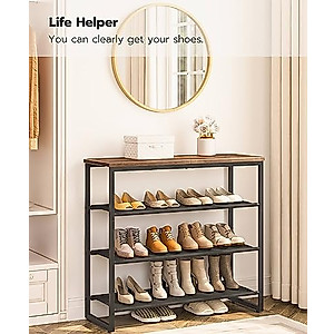 HOOBRO Shoe Rack, 4 Tier Shoe Storage Organizer, Shoe Shelf with 3 Oxford Fabric Shelves and Top Panel, Holds 12-16 Pairs of Shoes, for Entryway, Closet, Steel Frame, Industrial, Rustic Brown BF47XJ01G1