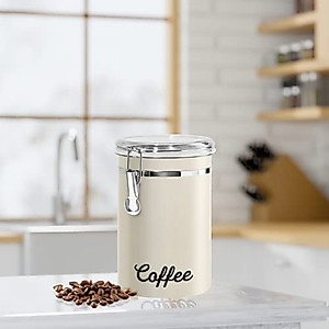Oggi Stainless Steel Coffee Canister 62oz - Airtight Clamp Lid, Warm Gray, Tinted See-Thru Top - Ideal for Coffee Bean Storage, Ground Coffee Storage, Kitchen Storage, Pantry Storage. 5 x 7.5