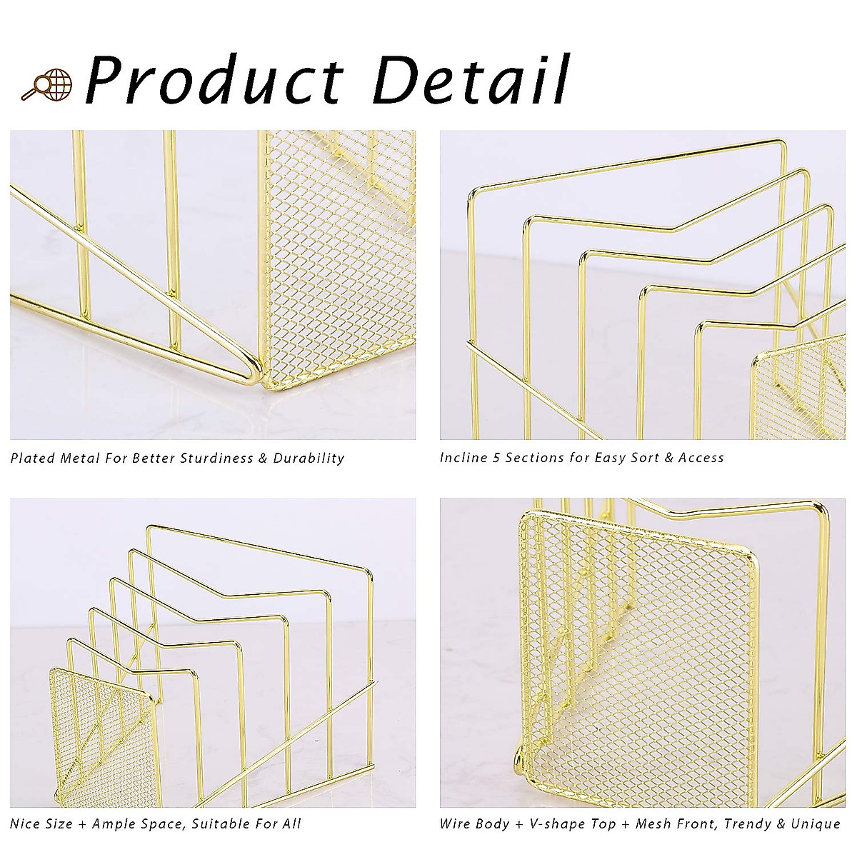 Z PLINRISE Incline File Sorter, Wire Magazine Holder Rack for Mails, Folders and Books, Desk Paper Storage Organizer for Home and Office, 5 Sections, Gold