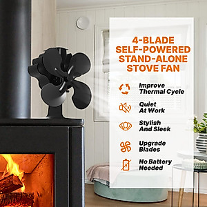 LerkeHony 4 Silent Heat Powered Stove Fan, Log Burner Fan with a Thermometer, Eco Friendly Heat Circulation for Wood/Log Burner/Fireplace/Free Stove Thermometer Satin/Black