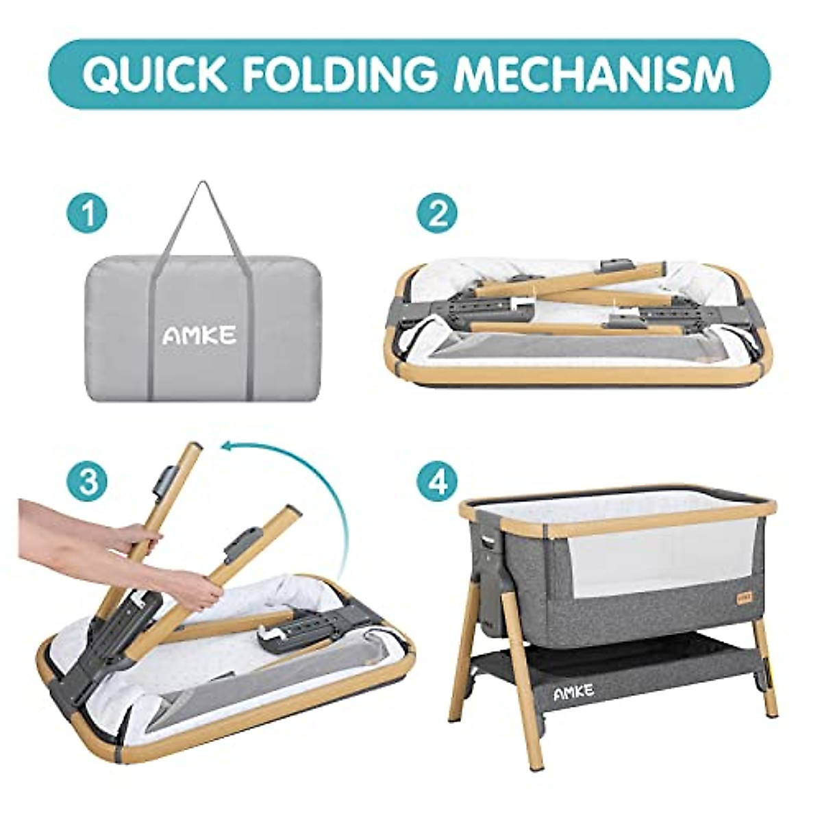 AMKE Baby Bassinets,Bedside Sleeper for Baby,35s Quick Assemble Baby Crib with Storage Basket,Portable Bassinets for Safe Co-Sleeping, Adjustable Baby Bed for Infant Newborn