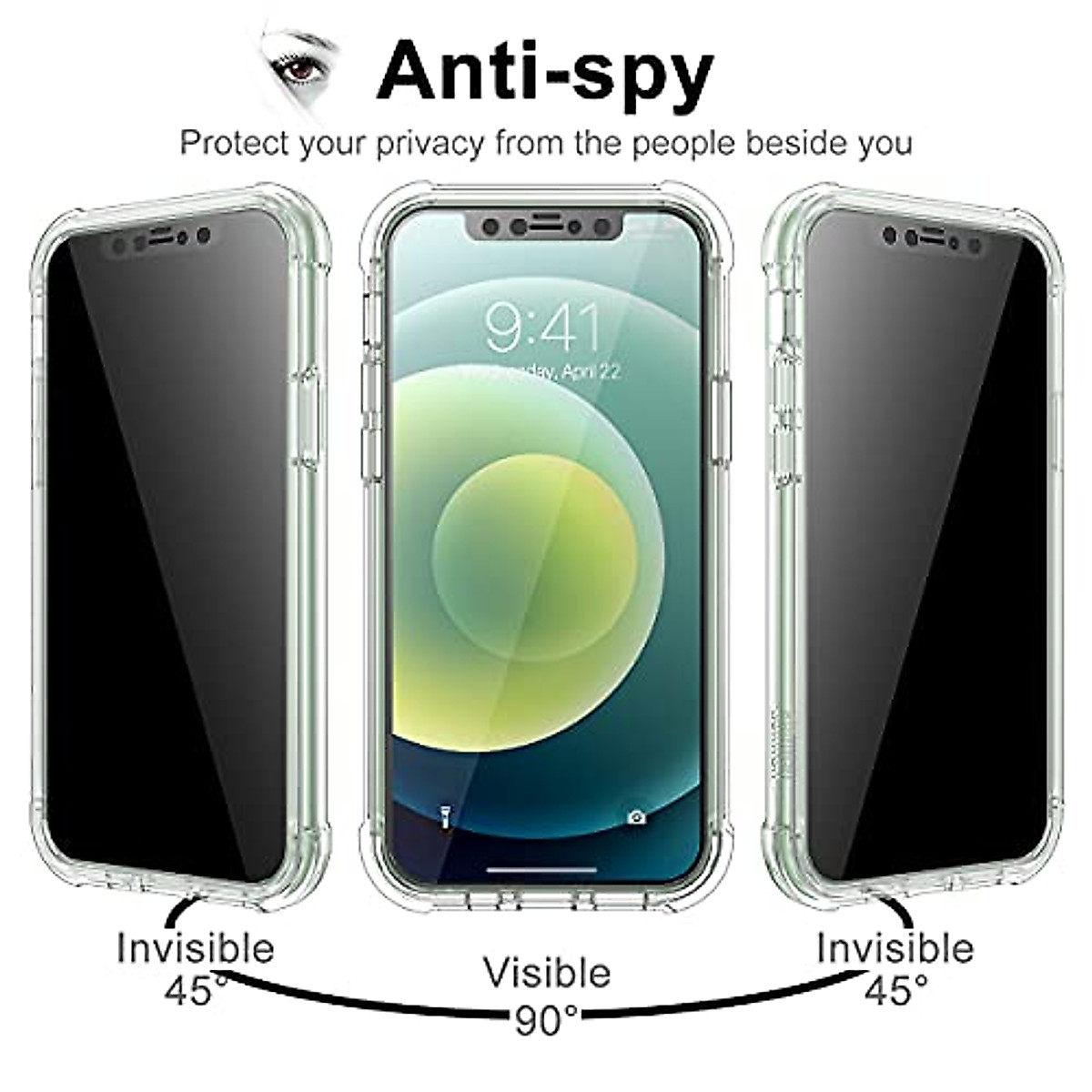SURITCH Compatible with iPhone 12/iPhone 12 Pro Clear Case,[Privacy Screen Protector] Anti Spy Film Full Body Protection Shockproof Bumper Rugged Cover for iPhone 12/12 Pro 6.1 Inch (Clear)