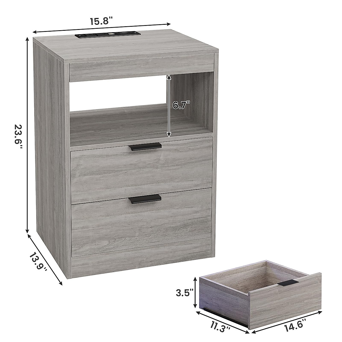 ADORNEVE Nightstand with Wireless Charging Station and LED Lights, Grey Night Stand with 2 Drawers and Open Storage for Bedroom, Bedside Table with Pull-Out Shelf, Modern End Side Table