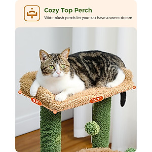 PEQULTI 4-in-1 Cactus Cat Tree, 33'' Cat Tower for Indoor Cats with Large Cat Condo, Cat Scratching Post for Cats with Deep Hammock& Cozy Top Perch,Green