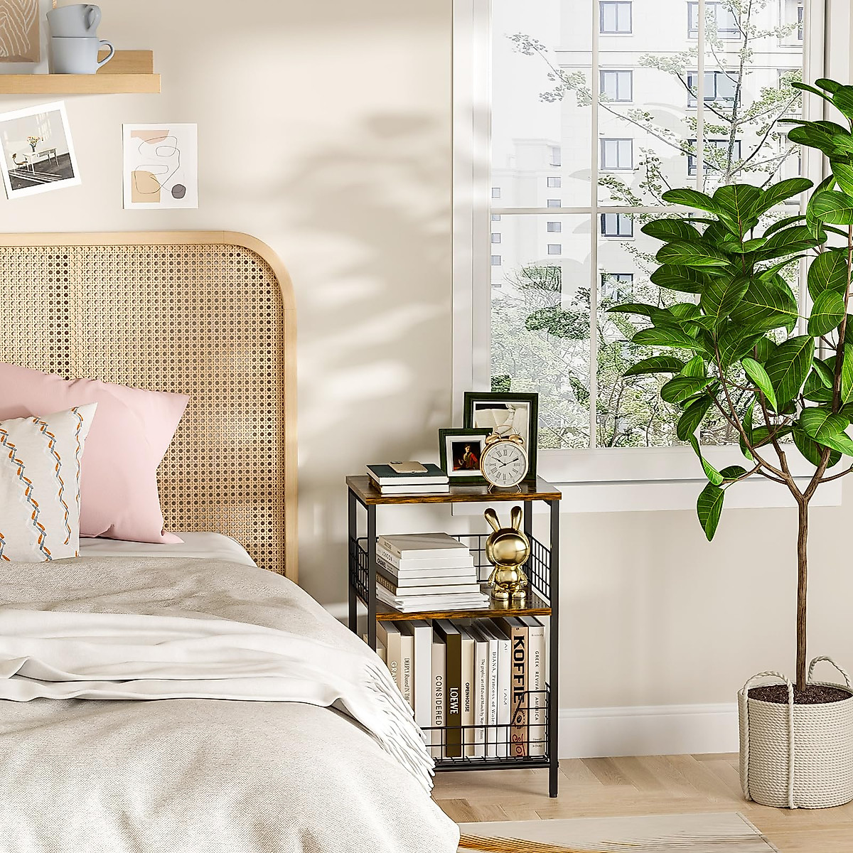 X-cosrack Side Table, Industrial Retro End Table Nightstand Storage Shelf for Living Room Bedroom Kitchen Family and Office,Small Table for Small Spaces(Rustic Brown & Black)