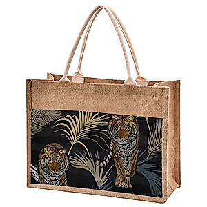 Tote Bag (Tiger in Jungle Print) Jute Cloth Fashion Women Girls Purses Handbags 4 Size