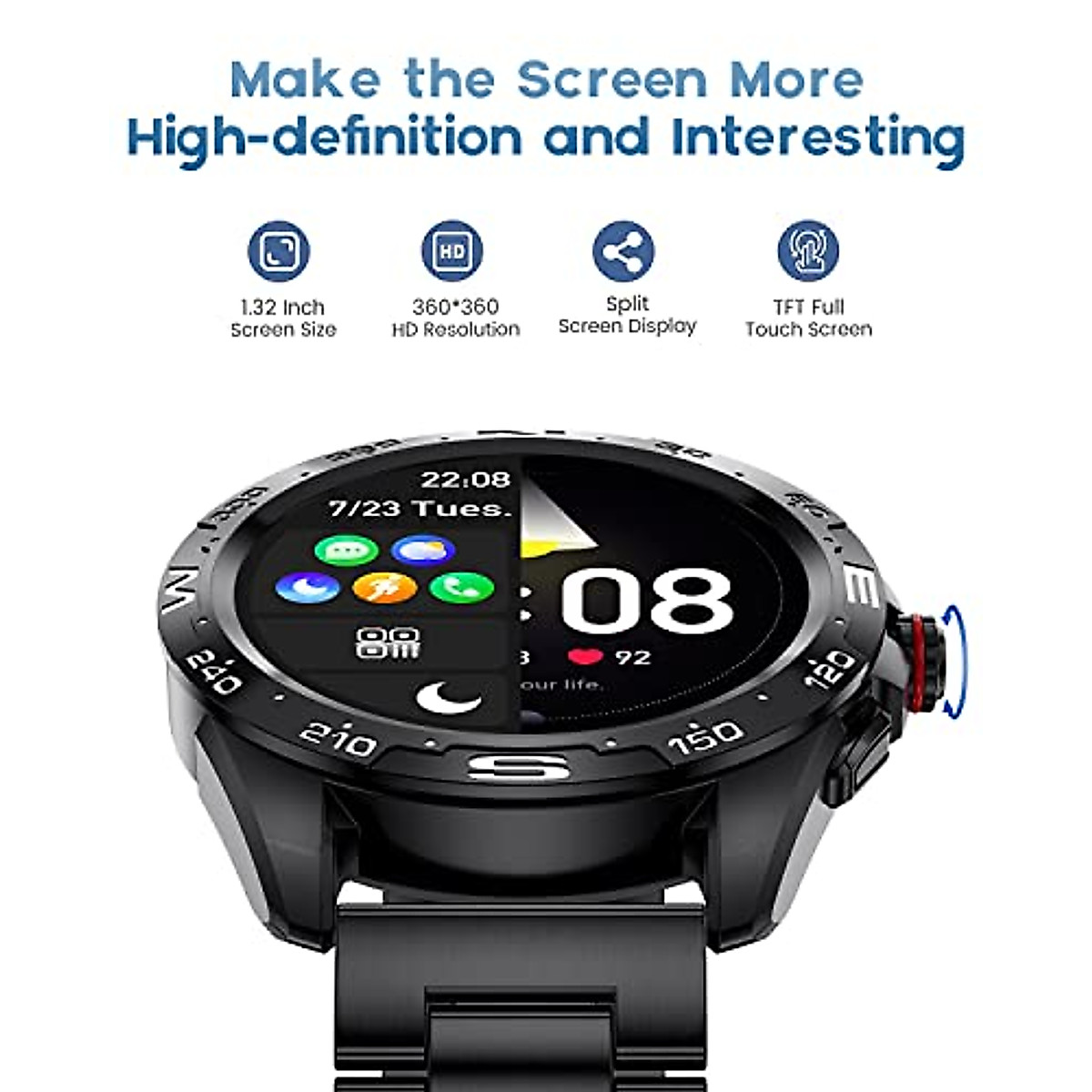 LIGE Smart Watches for Android iOS, Bluetooth Calls/Text Remind/Voice Speaker, Fitness Tracker with Heart Rate Sleep Monitor, 1.32'' HD Full Touch Screen, IP67 Waterproof Black Smartwatch for Men