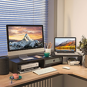 WESTREE Dual Monitor Stand Riser with Drawer, Monitor Stand Riser for 2 Monitors, Adjustable Length and Angle, 2 Solts for Phone & Tablet, Desktop Organizer Stand for Computer/Laptop/PC/Printer