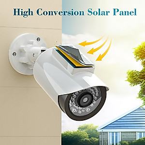 BNT Solar Powered Fake Security Camera, Bullet Shape Fake Surveillance Camera with Red LED Light for Night, Security Warning Sticker, for Outdoor Safety Alert (White 4Pack,Battery not Included)