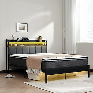 Z-hom Full Bed Frame with LED Lights Headboard, Full Size Heavy Duty Metal Hybrid Bed Frame Bed Base, Sturdy Upholstered Wooden Full Platform Bed with Charging Ports & Storage Shelves