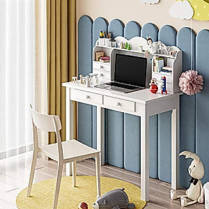 ADORNEVE Small White Writing Desk with Hutch and USB Ports, 31.5 inch Home Office Desk with Drawers, Study Table for Kids/Student, Makeup Dressing Table Save Space Gifts