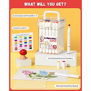 Simetufy 36 Colors Alcohol Markers Brush and Chisel Dual Tip, Coloring Alcohol Markers Set for Coloring Books Drawing Supplies, Basic Bright Colors