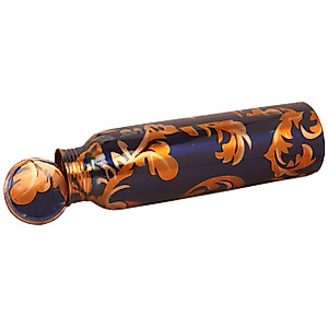 INDTRESOR Pure Copper Water Bottle - Handcrafted - Ayurveda health benefits - Large 35 oz - Leak proof - Easy to carry for Sports, Fitness, Yoga, School - Royal Blue Base Floral Golden Vines Enamel