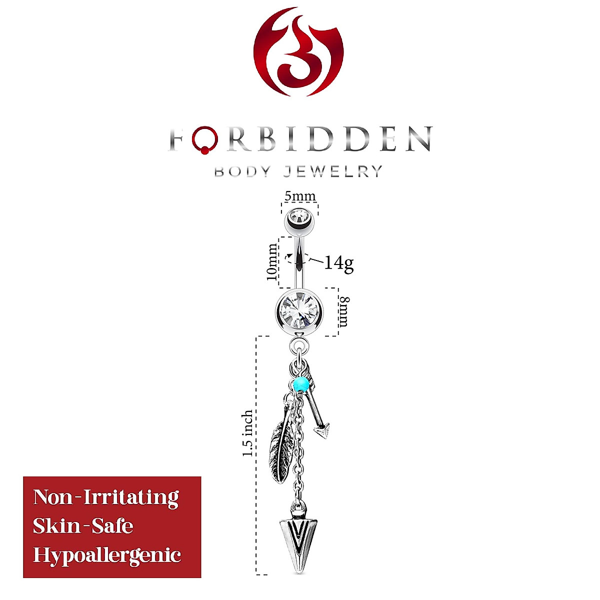 Forbidden Body Jewelry Surgical Steel Clear Crystal Tribal Feather and Arrow Charms Synthetic Turquoise Dangle Belly Ring