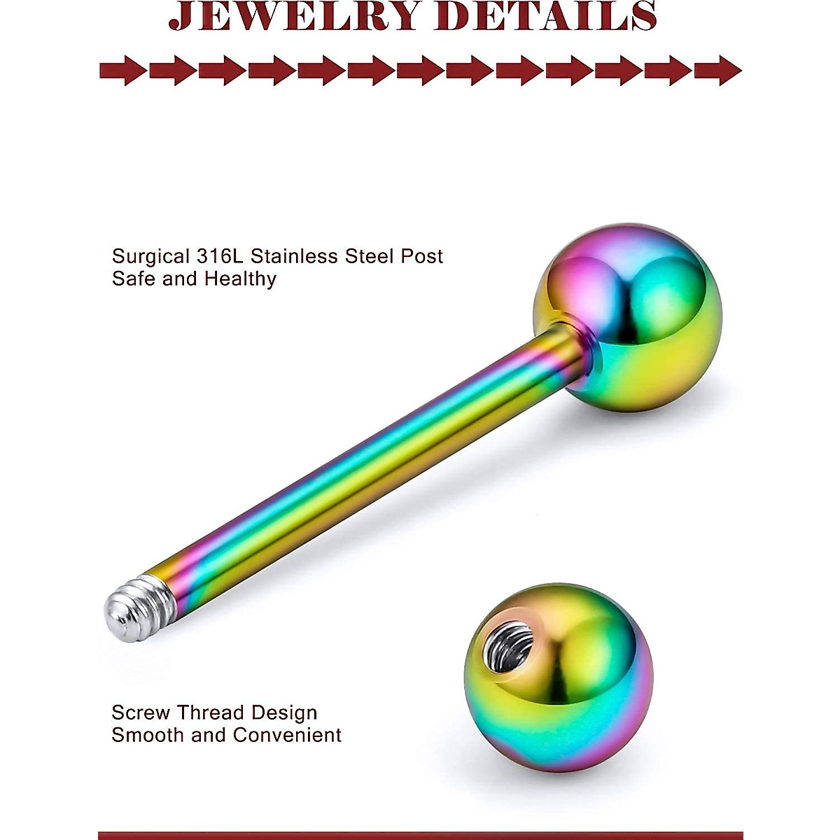 Prjndjw Jewelry, Rainbow, 12PCS, 5/8in(16mm) L. 14G Tongue Ring Surgical Stainless Steel Tongue Piercing Barbell Body Jewelry for Women