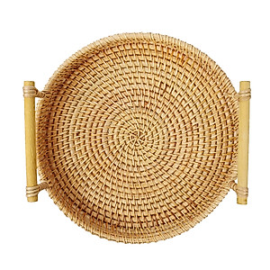 Round Rattan Coffee Table Tray with Handles - Woven Basket Food Decorative Tray ，Handmade Rattan Serving Tray with Handles ，Adorable Natural Bamboo Tray for Ottoman Coffee Table (Small/8.7 inch)