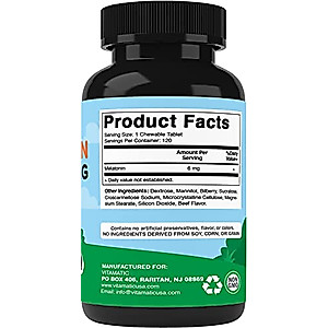 Vitamatic Melatonin for Dogs - 6 mg - 120 Beef Flavored Chewable Tablets ((Pack of 1))