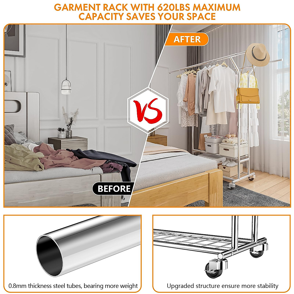 Heavy Duty Clothing Racks For Hanging Clothes, 600lbs Load Capacity Rolling Clothing Rack with Wheels, Double Rail Clothing Garment Racks, Adjustable Rack for Clothes