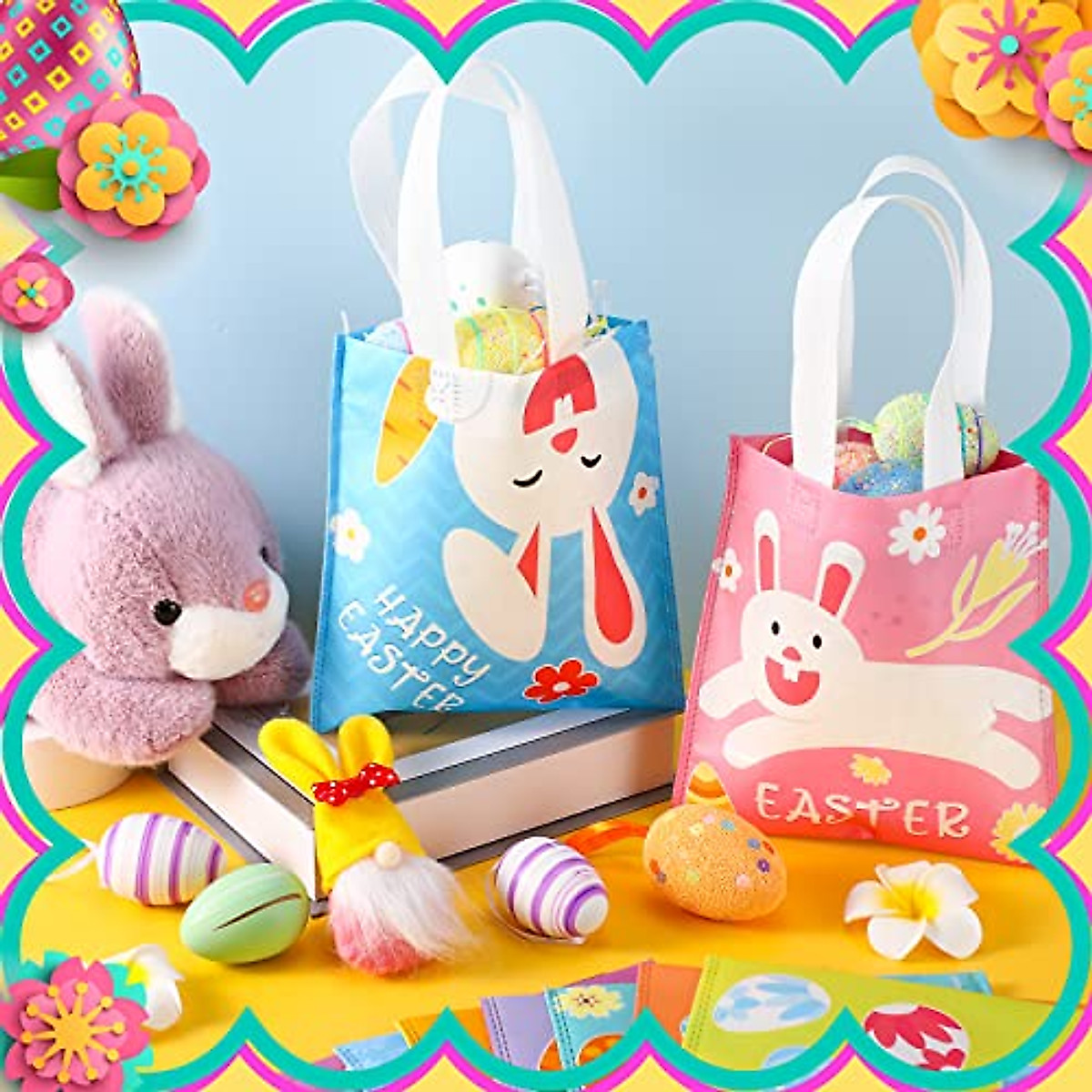 100 Pcs Easter Mini Gift Tote Bags for Kids Easter Small Baskets Bunny Non Woven Kraft Treat Goodie Eggs Bags with Handles for Easter Party Favors, Easter Egg Hunt