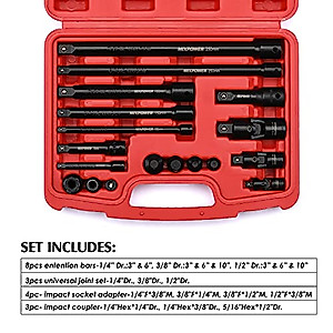 MIXPOWER 18 Pieces Drive Tool Accessory Set, CR-V Steel with Black Phosphate Finish, Includes Socket Adapters, Extensions and Universal Joints and Impact Coupler, Professional Socket Accessories