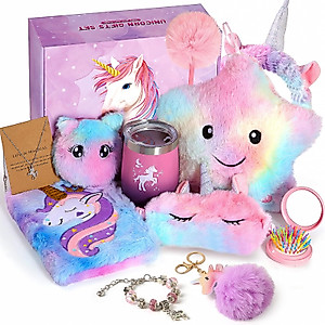 Unicorns Gifts for Girls 5 6 7 8 9 10+ Years Old, Kids Unicorn Toys with Light Up Plush Star Pillow/ Diary/ Headband/ Eye Mask/ Water Bottle, Soft Plush Toys Set for Teens Birthday Gifts Christmas