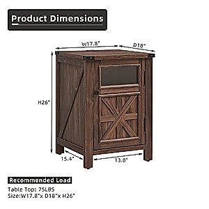 JXQTLINGMU Farmhouse End Table with Charging Station, 18'' Rustic Nightstand with Barn Door & Adjustable Shelf, Wooden Sofa Side Table with 3-Tier Storage for Living Room, Bedroom, Brown