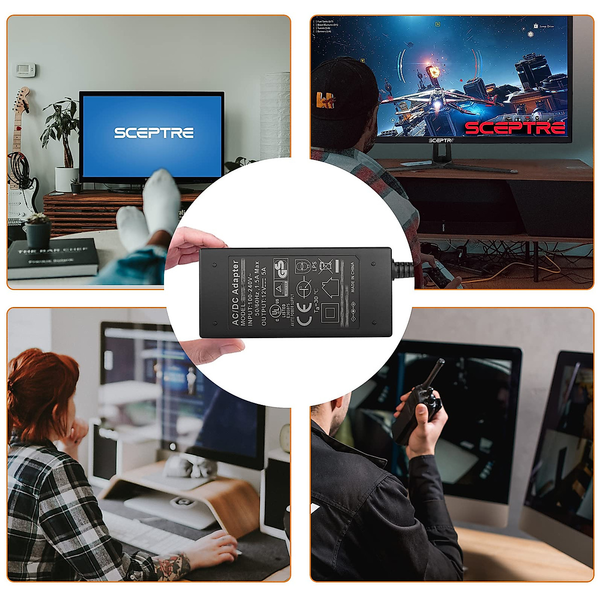 SoulBay 12V Power Cord for Sceptre Monitor, DC in 12V 5A AC Adapter for Sceptre 19" 20" 22" 24" 25" 27" 30" 32" Series LCD LED Monitor TV AD48ACM120400 Charger Replacement Power Supply, UL Listed