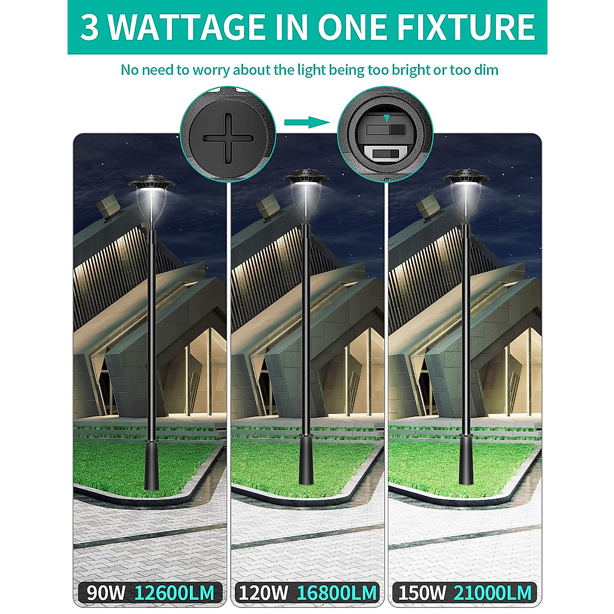 OPENLUX LED Post Top Light ETL DLC Listed 150W 120W 90W Adjustable Outdoor Pole Lights with Photocell IP65 Waterproof Post LED Fixture 5000K for Garden Yard Street Lighting