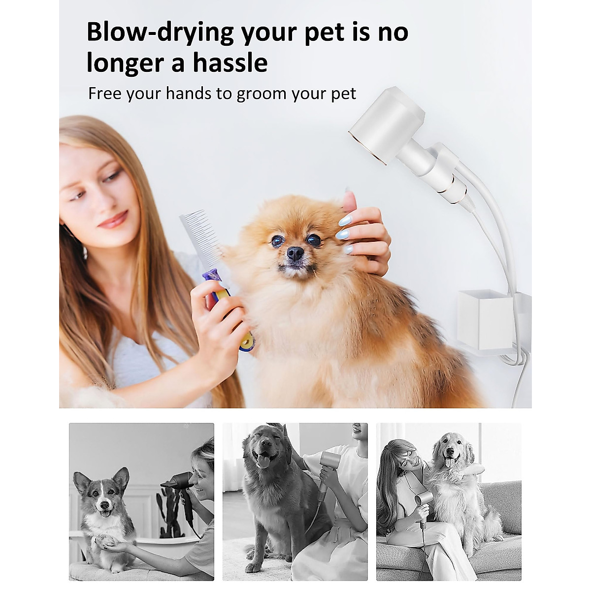 CozyOasis Hair Dryer Holder Wall Mounted Adhesive Blow Dryer Rack Storage Hanger Organizer for Bathroom Vanity Soporte para Secadora de Pelo (White)