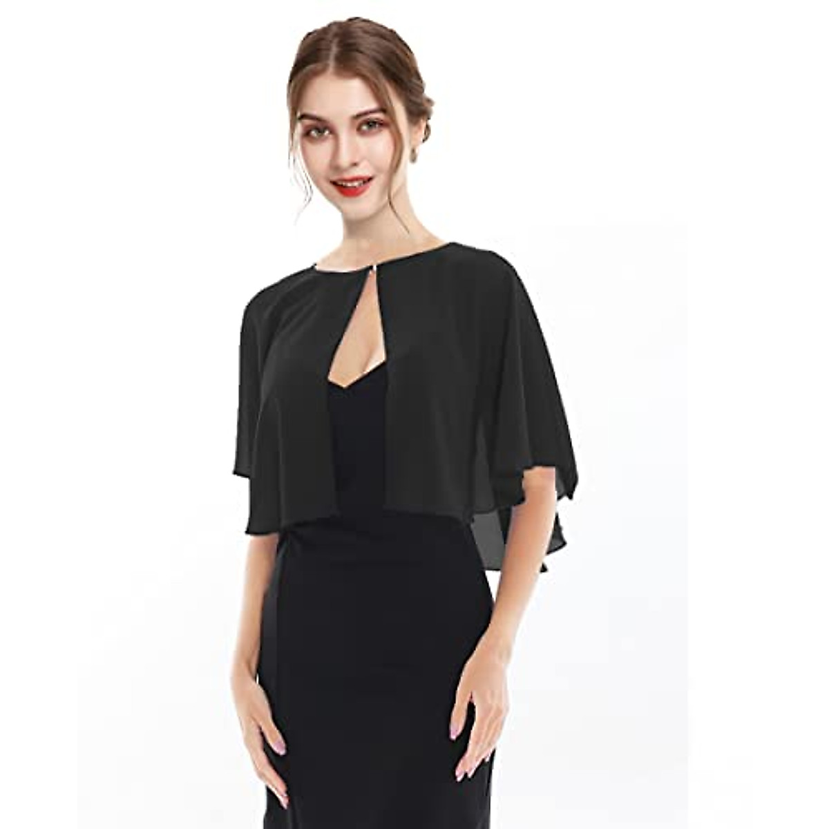 Chiffon Capelet Women's Soft capes Shawls and Wraps for Evening Dress Wedding Cape Cover Up (Black)