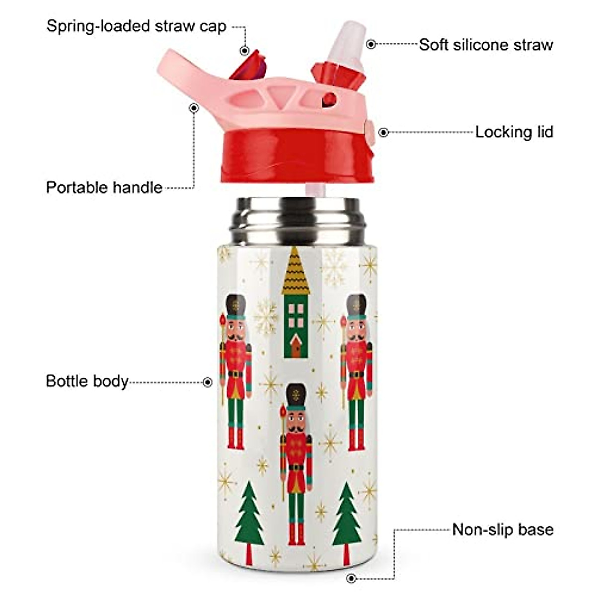 Kids Water Bottle, Christmas Nutcracker Tree Insulated Water Bottle Stainless Steel with Straw, Easy Open And Clean Leak Proof 17oz/ 500ml, Ideal for School Travel And Outdoor Activities