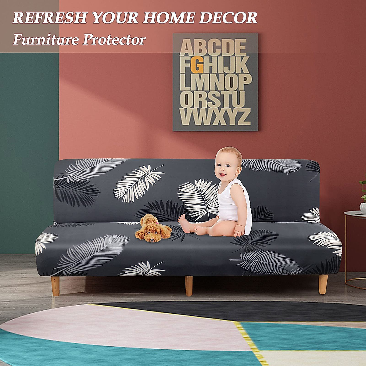 LiveGo Armless Futon Slipcovers Stretch Folding Sofa Bed Cover with Elastic Bottom, Printed Fitted Couch Cover Furniture Protector for Pets, Kids (Dark Grey)